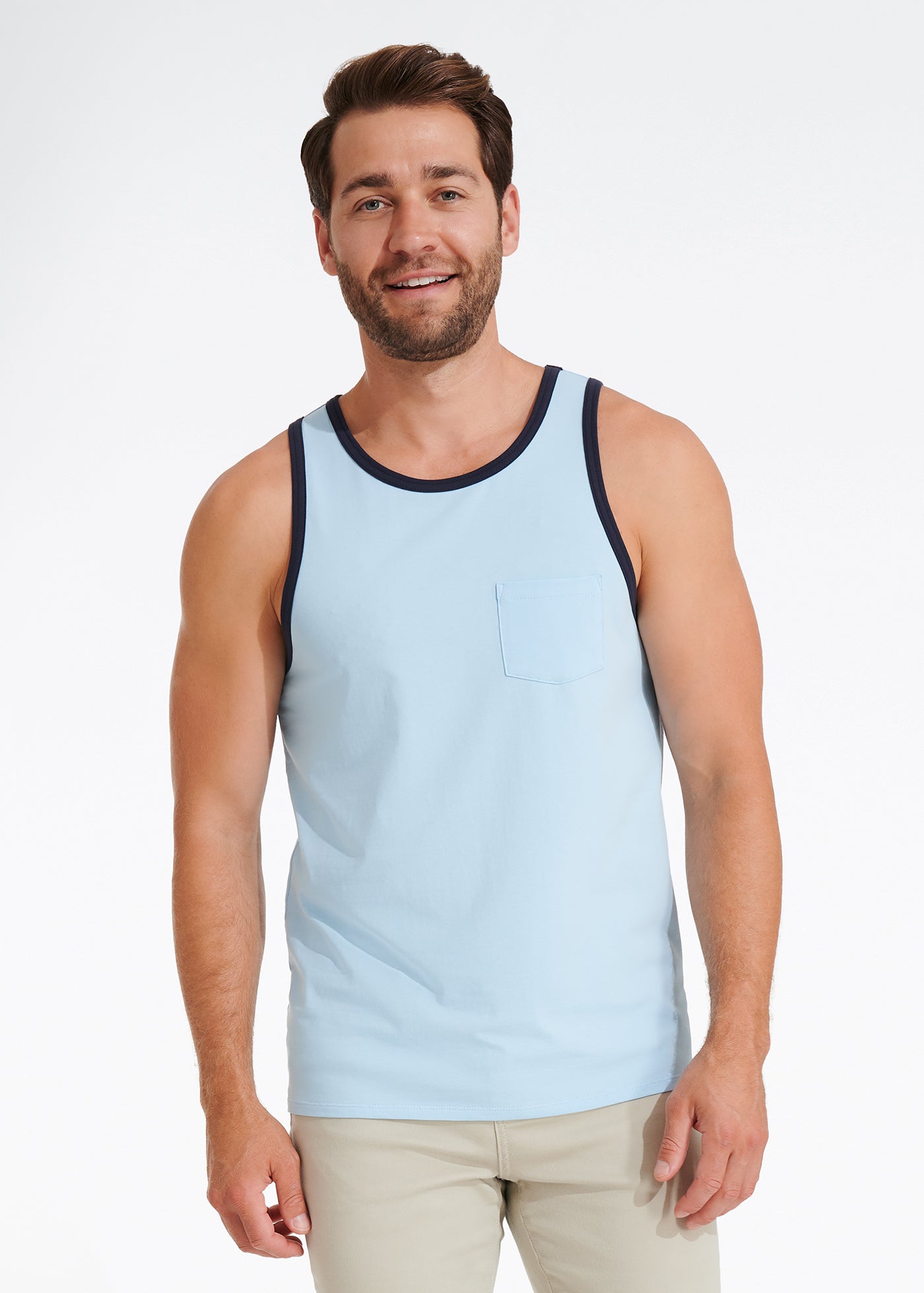 Cotton Stretch Ringer Pocket Tank | Light Blue w/Navy – Swet Tailor